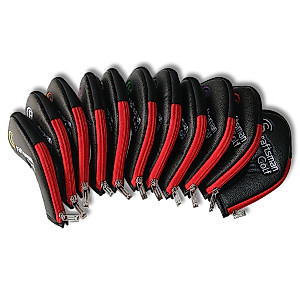 Craftsman Golf 11pcs /set (4,5,6,7,8,9,A,S,P,L,X) Synthetic Leather Black with Red Edge Iron Head Cover Headcover Set for Callaway Ping Etc. with Zipper