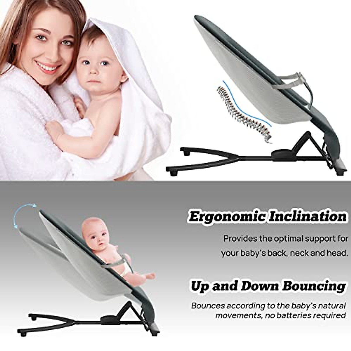 Baby Bouncer, Portable Bouncer Seat for Babies, Portable Baby Rocker with 3-Point Harness, Portable Rocker with Mesh Fabric and Babies Soothing Vibrations (Grey)