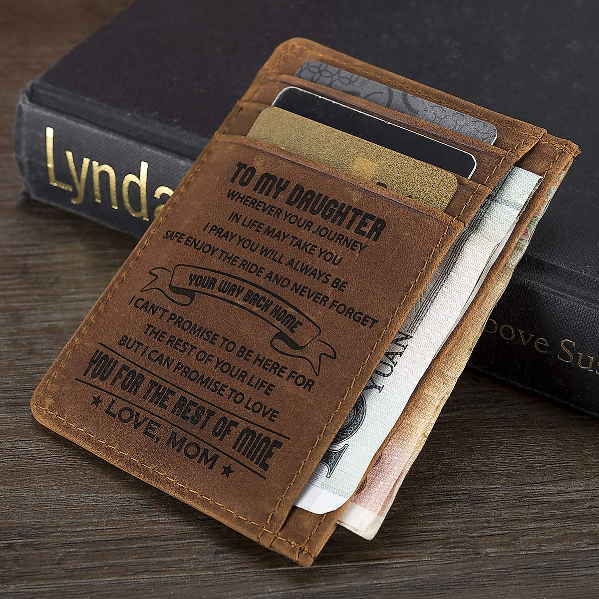 Engraved Minimalist Front Pocket RFID Blocking Wallets for Men&Women Mini Credit Card Holder Purse Thin Genuine Leather Brown Gift for Birthday, Anniversary or New Year - To My Daughter from Mom