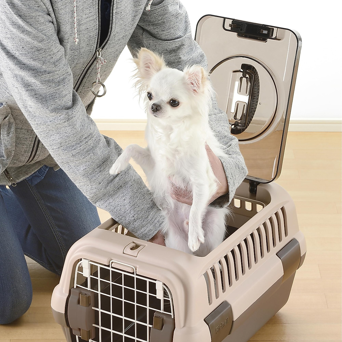 Richell: Double Door Carrier: Small Brown - Pet Transporter, Small Cats & Dogs Up to 11lbs, Attach to Car Seat Belts, Clear Top Door, Front Entry Gate