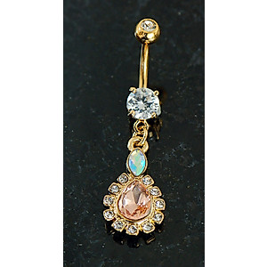 14K Gold Plated CZ Rounded Teardrop Center Dangling Navel Belly Button Ring 14g