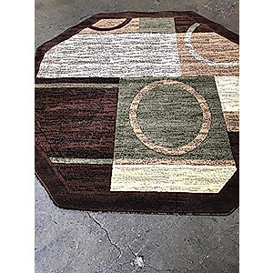 Americana Modern Octagon Contemporary Geometric Area Rug Brown & Green Design 1497 (4 Feet X 4 Feet)