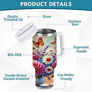 RPLIFE Floral with Butterflies Coffee Tumbler, Stainless Water Bottle, Insulated Cup with Straw, Coffee Tumbler for Women