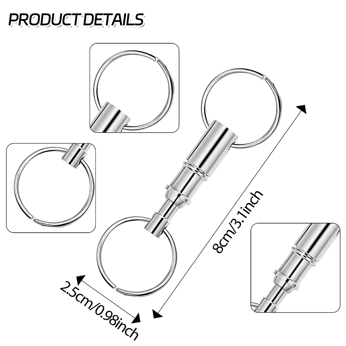 BLMHTWO 6PCS Quick Release Keyrings, Double-headed Detachable keyring Metal Pull Apart Keychain with 2 Split Key Rings Chain Lock Holder for Bag Purse Travel Home Office (Silver)