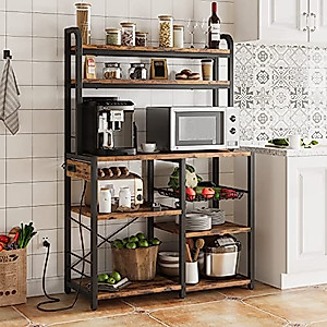IDEALHOUSE Bakers Rack with Power Outlet, Coffee Bar with Wire Drawer, Industrial Microwave Stand, Kitchen Buffet Table with Large Storage, 6-Tier Kitchen Storage Rack with Hutch, Rustic Brown
