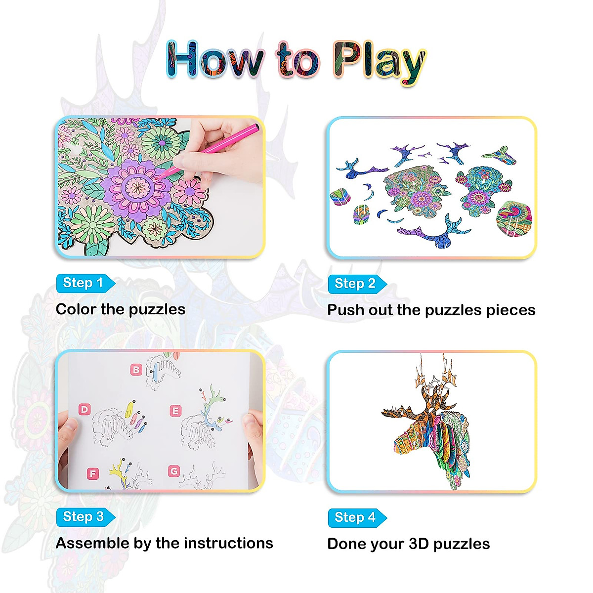 Hautton 3D Coloring Puzzle, Creative DIY Painting Puzzle Set Toy with 10 Colouring Pens, Fun Arts Crafts Gift for Kids Age 3 4 5 6 7 8 9 10 11 12 -Elk