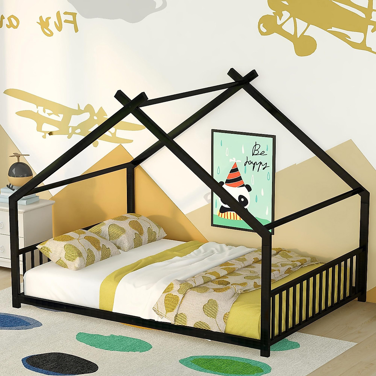 House Beds for Kids, Full Size Floor Bed Frame Metal Montessori Beds with Headboard & Footboard for Children Boys Girls Teens, Black