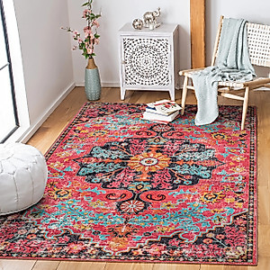 Wonnitar Boho Area Rug, Washable 3x5 Rug for Bedroom Hot Pink Floral Bathroom Throw Rug Non-Slip Vintage Bath Math, Oriental Soft Indoor Carpet for Entry Nursery Girls Room (Hot Pink,3'x5')