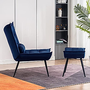 MCombo Accent Chair with Ottoman, Velvet Modern Tufted Wingback Club Chair, Upholstered Leisure Chairs with Metal Legs for Bedroom Living Room 4079 (Blue)