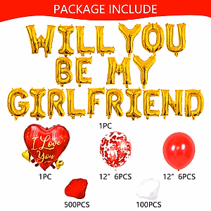 Will You Be My Girlfriend Balloons - 16'' Alphabet Letters Foil Mylar Balloon, 18" Heart Shaped Balloon with 500 Pcs Artificial Rose and 100 Pcs White Petals for Valentine Anniversary Decorations