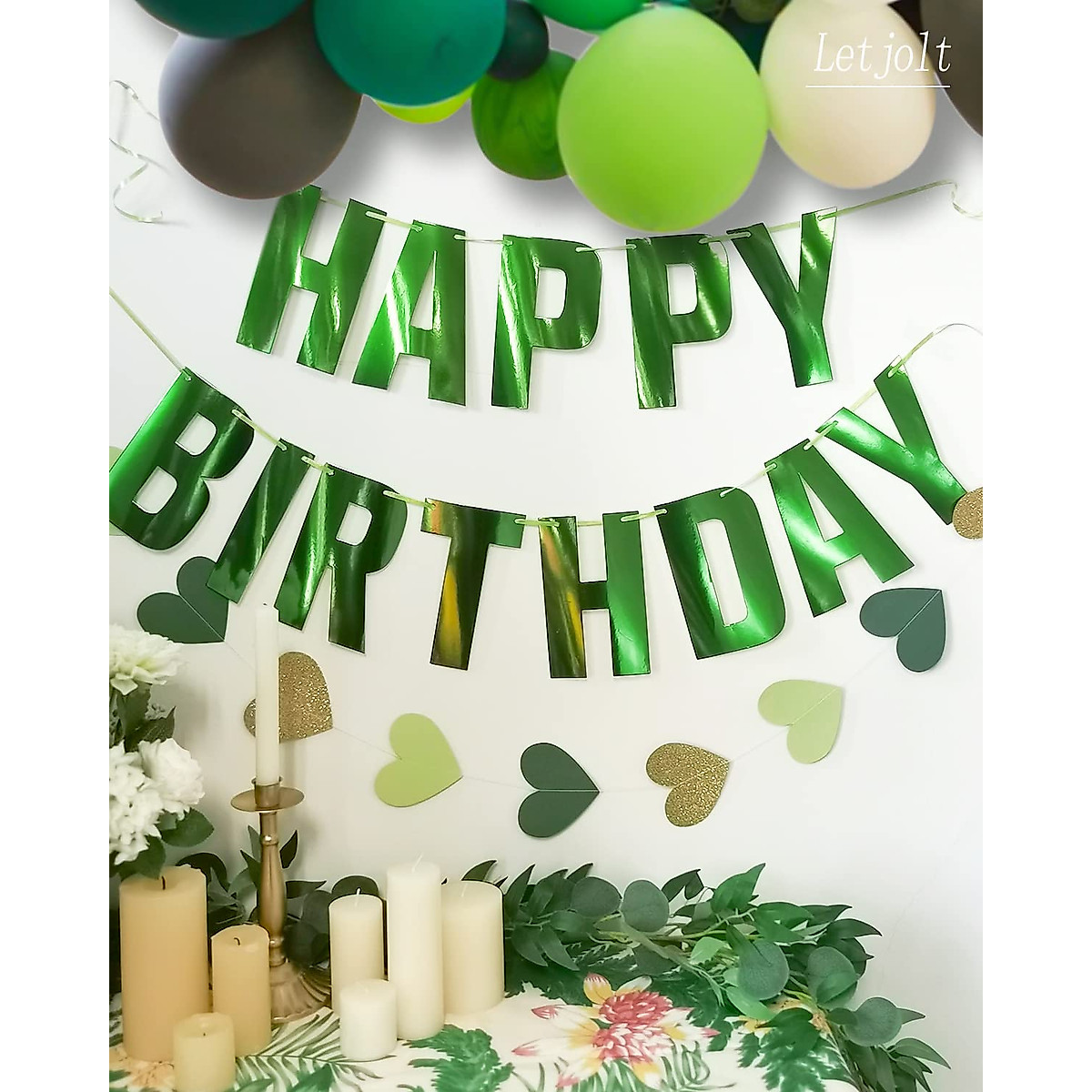 Glossy Green Happy Birthday Metallic Banner Greenery Theme Party Decoration Garland Supplies Signs for Funny New Years Birthday Nursery Hanging Décor 13pcs