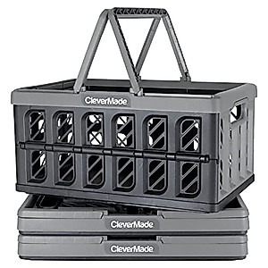 CleverMade Eco 24L Collapsible Reusable Plastic Grocery Shopping Baskets; Small Foldable Storage Crates with Handles, 3 Pack, Stone