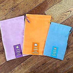3 Vegetable Storage Bags - Onion/Potato/Garlic | Reusable produce or preserving onion bag, potato bag and garlic bag | Breathable lining to keep vegetables fresher for longer | From Jean Patrique