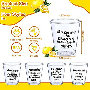 100 Pcs Plastic Shot Glasses 2 oz Disposable Cups Bulk Clear Plastic Sample Cups Transparent Small Tasting Cups Wine Whiskey Container Fun Design for Party Birthday Supplies Wedding, 4 Styles