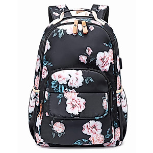 Leaper Floral School Backpack Girls Bookbag Daypack USB Charging Port Black-2