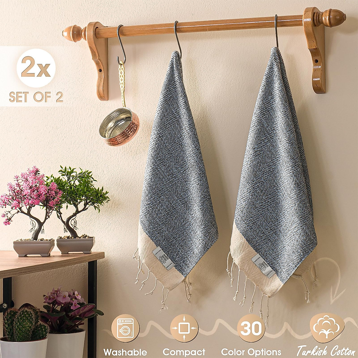 EPHESUS TOWELS Hand Towels - Set of 2 | 18" x 30" - Decorative Turkish Hand Towel for Bathroom, Kitchen, Guest, Face, Hair, Tea, Dishcloth (Herringbone, Baby Blue)