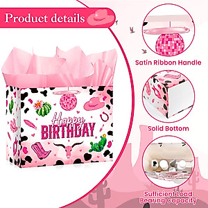 Pink Cowgirl Birthday Gift Bag, Large Western Happy Birthday Wrapping Paper Bags Decorations with Handles Greeting Card Tissue Paper Y2K Disco Wrap Bags for Party Favors Decor Girls Women Supplies