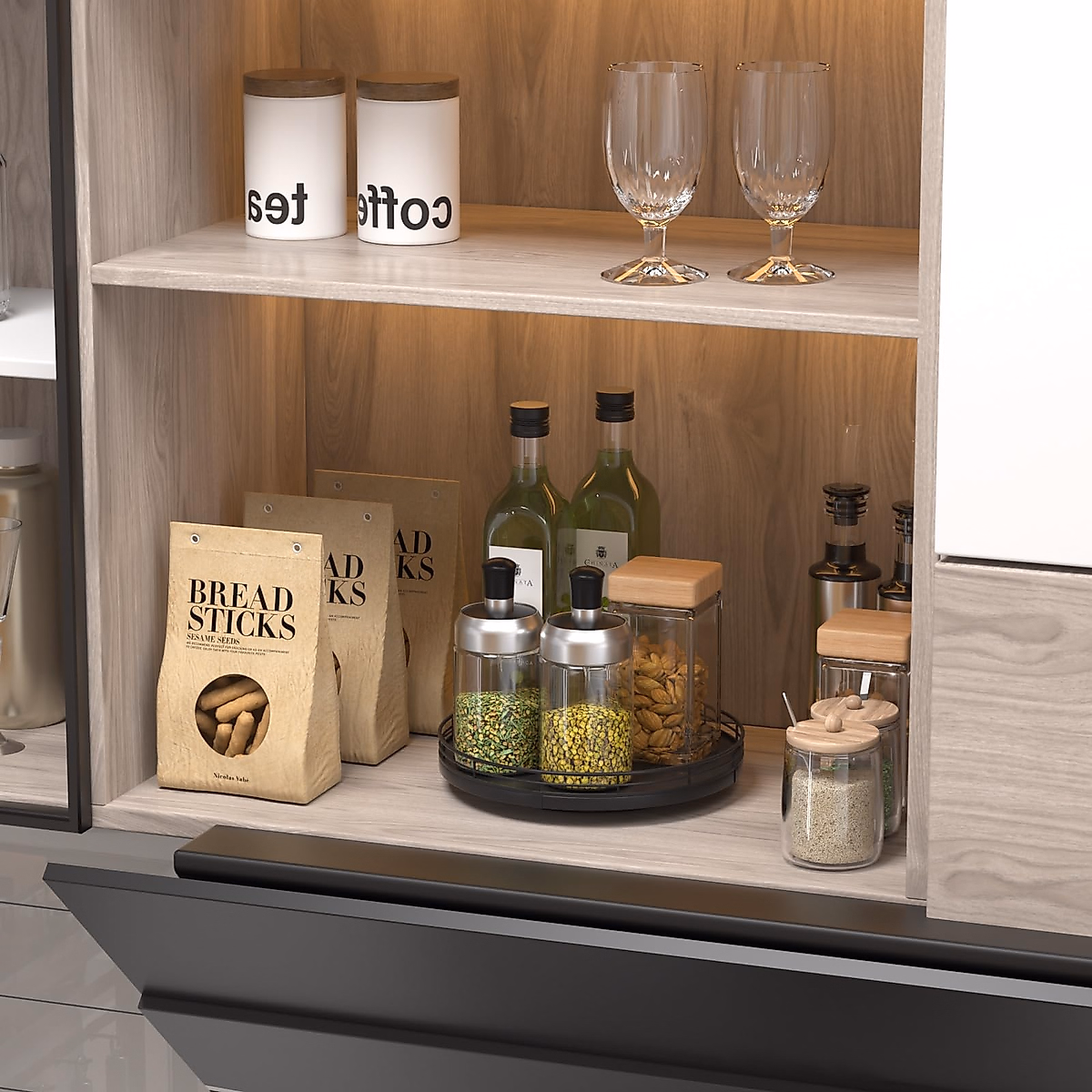 9" Oak Wood Lazy Susan Turntable Organizer, Lazy Susan for Cabinet Dining Table Pantry Wood Rotating Tray for Kitchen Countertop Coffee Table Decor Spinning Spice Can Organization and Storage Black