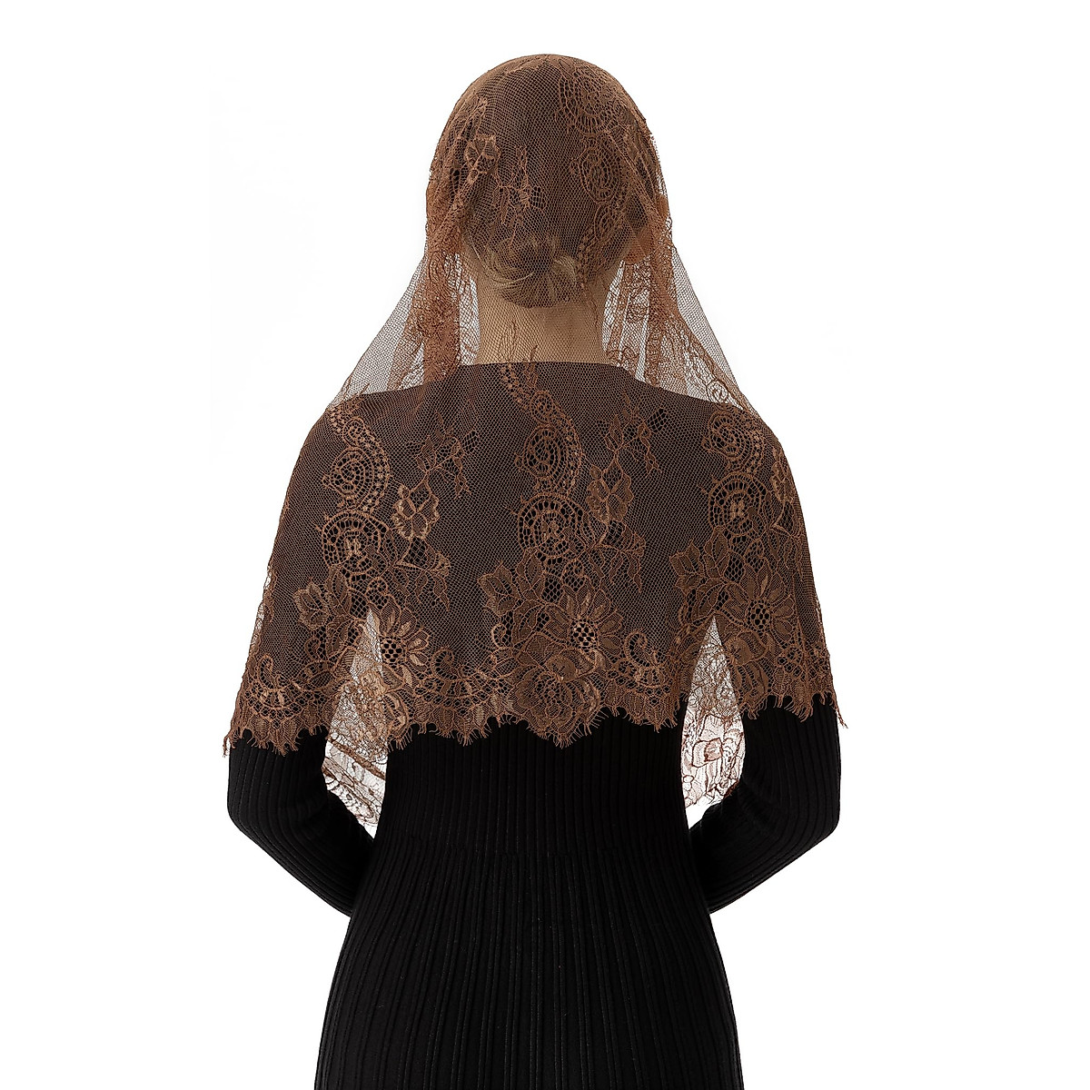 PAMOR Spanish Style Lace Traditional Vintage Inspired Infinity Shape Mantilla Veil Latin Mass Head Covering (Brown)