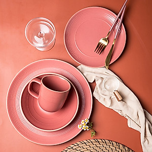 Arora RINGAR Round Stoneware 16pc Double Bowl Dinnerware Set for 4, Dinner Plates, Side Plates, Cereal Bowls, Pasta Bowls - Speckle Matte Red (395438)