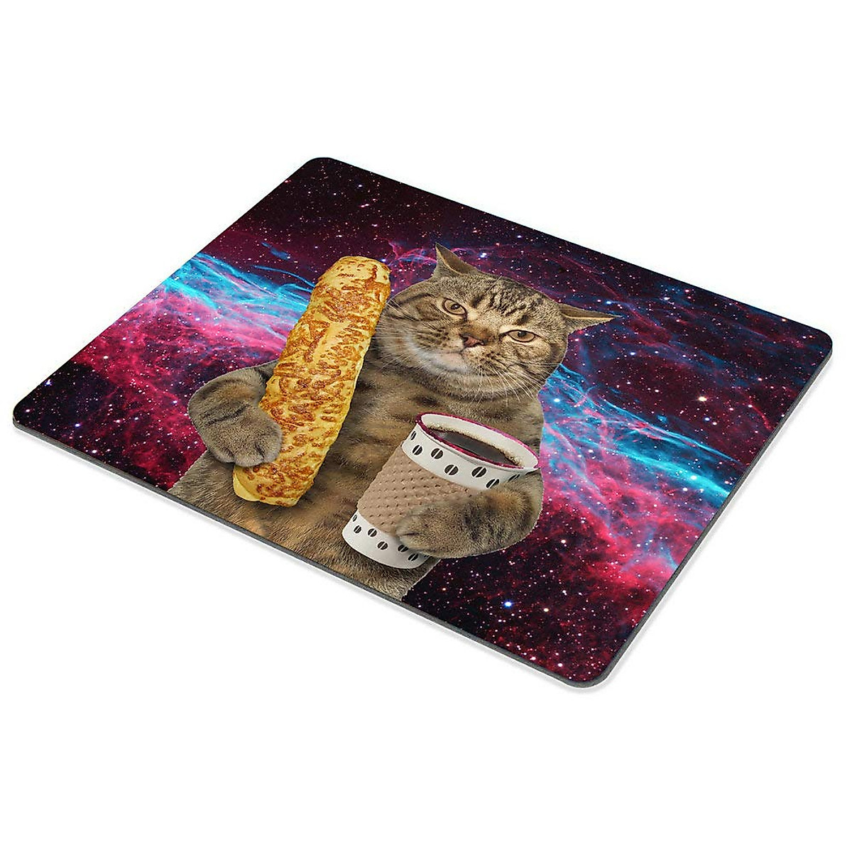 Smooffly Funny cat Mousepad,The Cat is Holding a Cup of Black Coffee and a Baguette with Galaxy Design Customized Rectangle Non-Slip Rubber Mousepad Gaming Mouse Pad