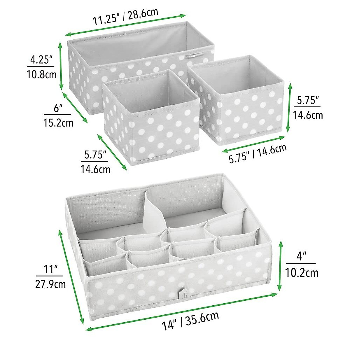mDesign Soft Fabric Dresser Drawer and Closet Storage Organizer for Child/Kids Room, Nursery - 4 Piece Set - Polka Dot Print - Gray/White