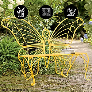 Plow & Hearth Weatherproof Butterfly Outdoor Bench | Holds Up to 300 lbs | Garden Patio Porch Park Deck | Metal | Yellow