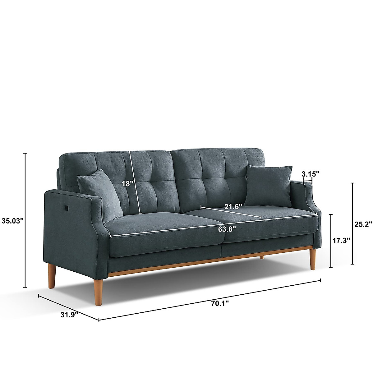 Plococo Mid-Century Modern 3 Seat Sofa Couch, The Ultimate Comfort Experience Loveseat with Thick Cushions,Waterproof Fabric,and USB Port,Blue