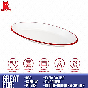 Red Co. Enamelware Metal Classic 13" Serving Oval Tray Platter, Solid White/Red Rim