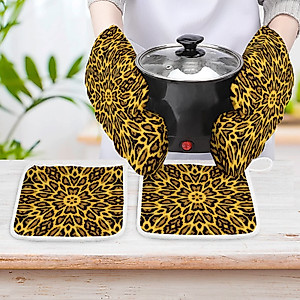 Oven Mitts and Pot Holders Sets for Safe BBQ Cooking and Backing, Animal Leopard Print Kitchen Insulated Pot Holder Pad with Heat Resistant Gloves, 4 Pieces, MBW100