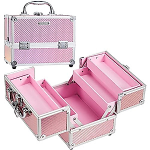FRENESSA Makeup Train Case Beauty Cosmetic Box 4 Tier Trays Jewelry Storage Organizer with Lockable Pink Lining Perfect for Women and Girls - Mermaid Pink