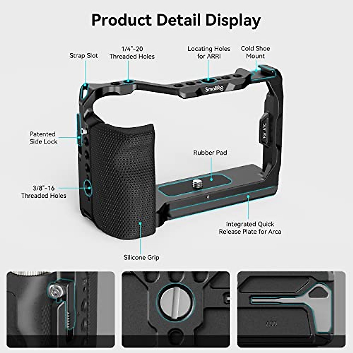 SmallRig Full Cage with Silicone Side Handle for Sony A7C, Comes with Locating Holes for ARRI, Quick Release Plate for Arca and Cold Shoe Mount - 3212B