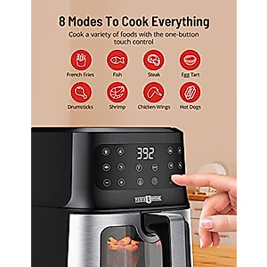 Air Fryer, PARIS RHÔNE 5.3 QT with Viewing Window & Ceramic Coated Non-Stick Basket, Large Air Fryer Oven with 8-in-1 Functions One Touch Control, NO Pre-heating, with Detachable Tray Easy to Clean