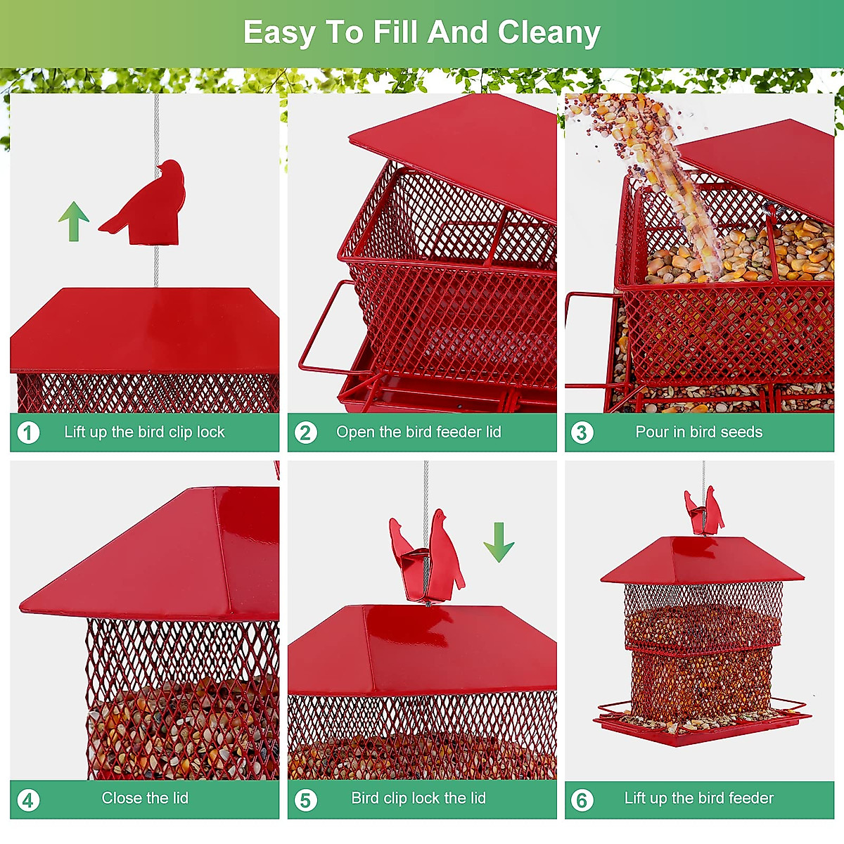 Bird Feeder for Outside Hanging Squirrel Proof Bird Feeders Metal Wild Bird Feeder Retractable Outdoor Feeder with 6 Perches for Cardinal, Finch, Chickadee, Bluebirds etc(Red)
