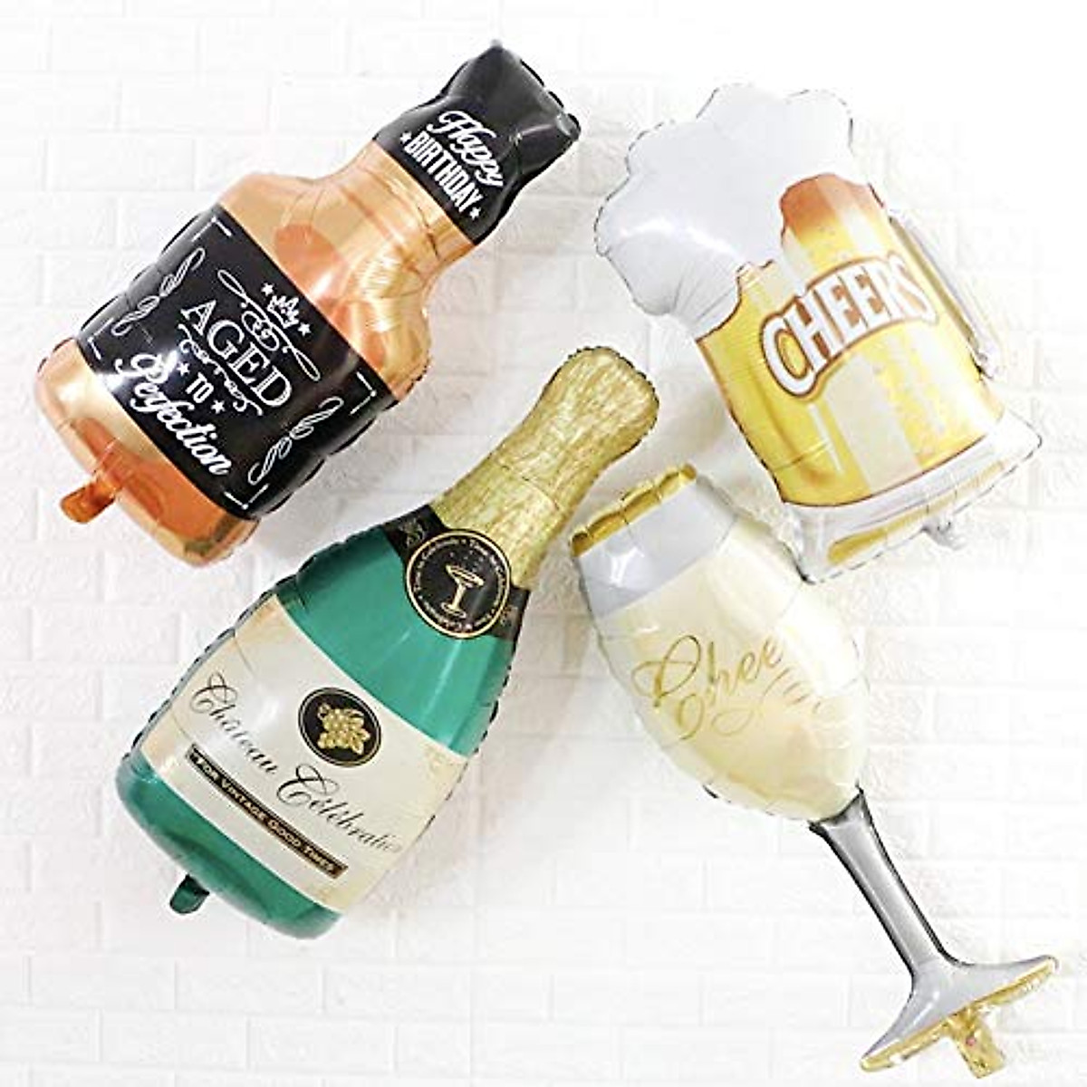CheeseandU 3Packs Party Large Foil Balloons - Green Bottle & Champagne goblet & Diamond Ring for Bar Valentines Wedding Decors Aluminium Balloon Birthday Party Decoration Supplies (STY-4)