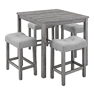 GLANZEND 5 Piece Square, Industrial Breakfast Table + 4 Upholstered Stools, Bistro Dining Set, for Living, Small Apartment, Farmhouse, Game Room, Gray