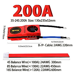 HiXiMi LiFePO4 BMS 16S 48V 200A Lithium Iron Phosphate Battery Management System with Cooling Fan and Balance Leads Wires for DIY LiFePO4 3.2V Battery Cells