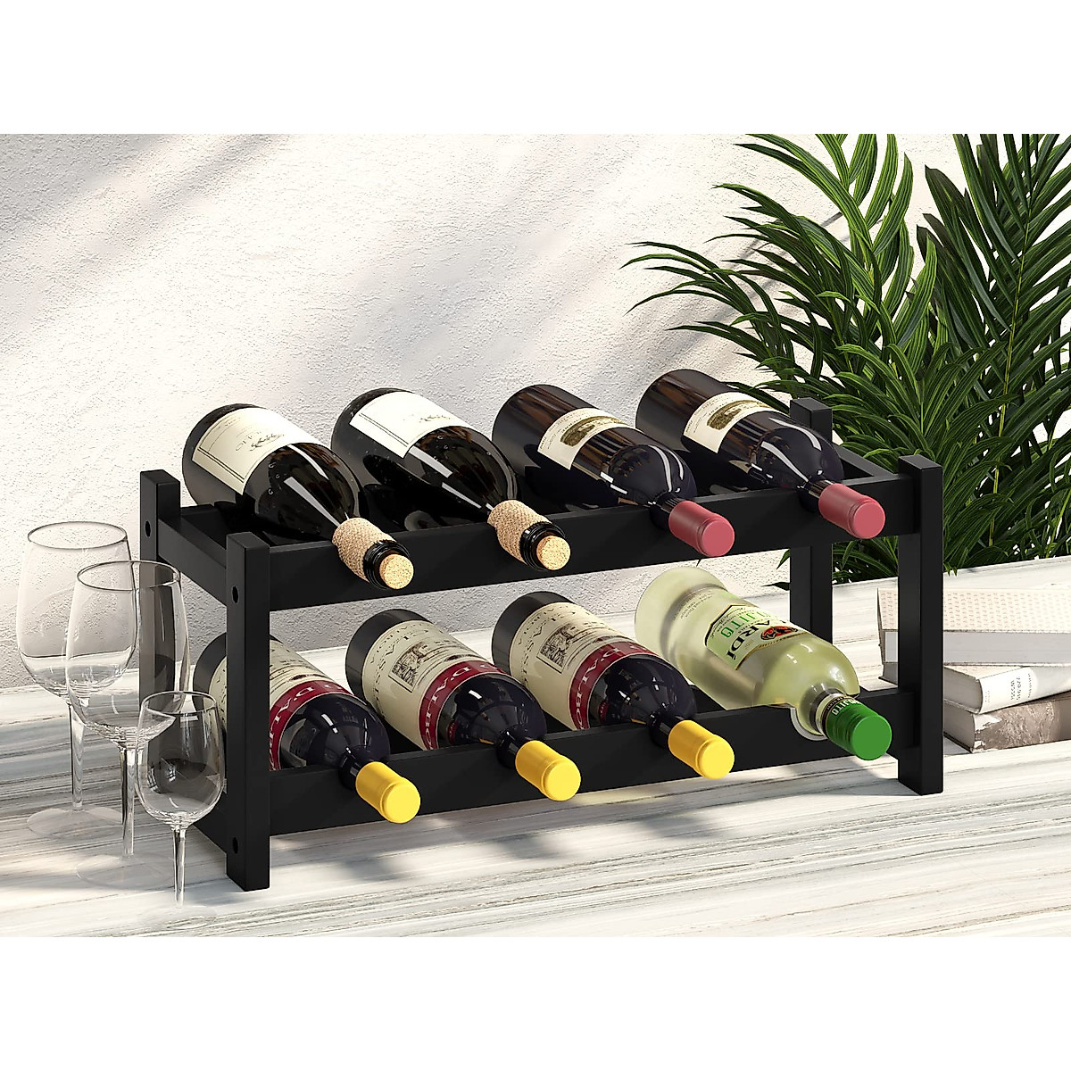 BAMEOS Wine Rack Freestanding 8 Bottle 2 Tier Bamboo Wine Racks Countertop Cabinet Wine Holder Wine Storage Shelf for Kitchen, Bar, Pantry, Wine Cellar, Countertop Black (16.85 L x 9.25W x 7H)