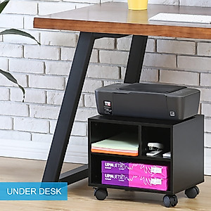 FITUEYES Mobile Printer Stand with Storage, Under Desk Black Wood Small Rolling Printer Table Work Cart with Wheels and 3 Compartment Organizer Spaces for Home Office,, 15.7 x 11.8 x 13.8