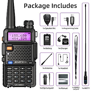 Baofeng UV-5R Radio Dual Band Ham Radios Handheld 8W High Power Two Way Radio with Double Battery Extra Programming Cable AR-771 Antenna Speaker Mic Full Kit Rechargeable Long Range Walkie Talkies