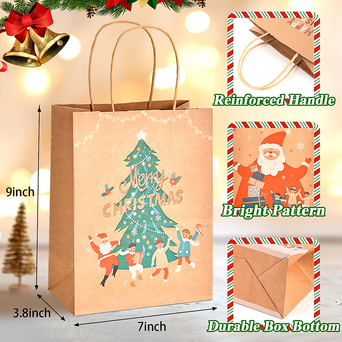 COGLARING 30Pcs Christmas Gift Bags Brown Kraft Paper Bag with Handles Bulk Heavy Duty for Xmas Gifts Holiday Party Favors Treat Goody Bags 7 * 3.8 * 9"