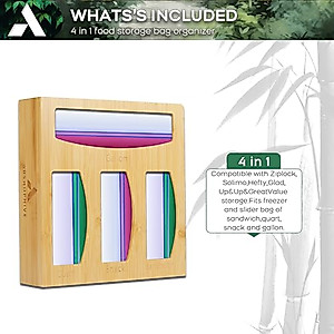 ARSHOPHIVE Bag Storage Organizer for Kitchen Drawer, Bamboo Organizer, Compatible with Gallon, Quart, Sandwich and Snack Variety Size Bag (1 Box 4 Slots) (Natural)