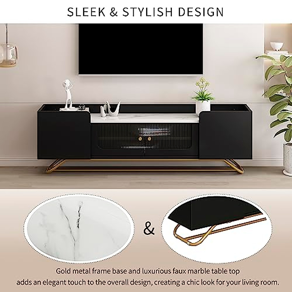 WADRI TV Stand with Fluted Glass, Faux Marble Top Console Table with Gold Frame Base for Living Room, Contemporary Entertainment Center for Television Up to 65" (Black + Particle Board-035)
