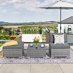 Patiorama 3-Piece Patio Furniture Set, Outdoor Sectional Sofa, All-Weather Grey PE Wicker Rattan Conversation Set, Outdoor Couch Loveseat Sofa w/Coffee Table for Deck Balcony Pool(Dark Grey Cushion)