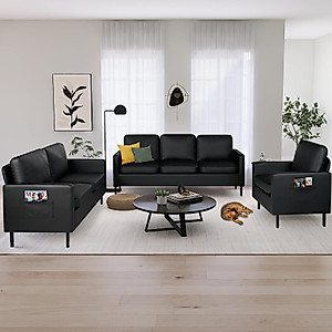 STHOUYN 3 Piece Living Room Furniture Sets, 3 Seat Couch and Loveseat with 2 USB, Single Sofa Accent Chair, Modern Small Couches for Small Spaces, Bedroom, Apartment (Black, 1+2+3(Armrest))