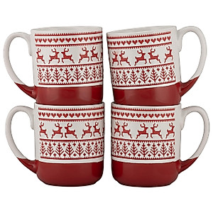 10 Strawberry Street Embossed Reindeer Ceramic Mug, Set of 4 (Red), S4MUG-XMAS