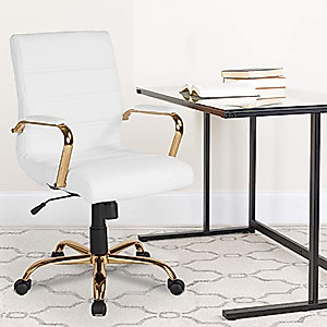 Flash Furniture Whitney Mid-Back Desk Chair - White LeatherSoft Executive Swivel Office Chair with Gold Frame - Swivel Arm Chair