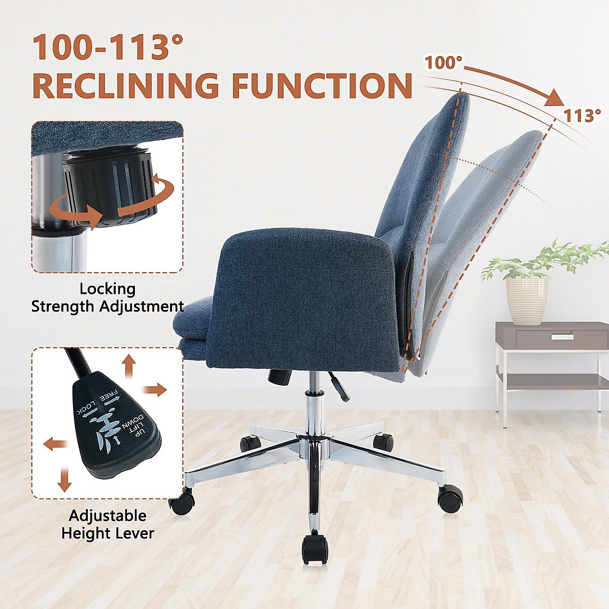 Novigo Set of 2 Accent Swivel Rolling Chair Adjustable Height Mid Back Dining Room Desk Chair with Upholstered Armrests Comfy Back Support Vanity Chair for Office Bedroom,Blue