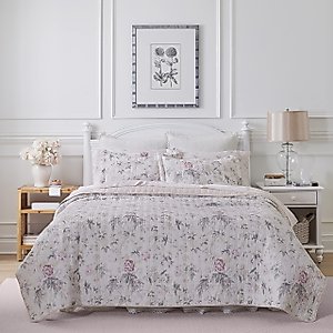 Laura Ashley - Queen Quilt Set, Reversible Cotton Bedding with Matching Shams, Lightweight Home Decor for All Seasons (Breezy Floral Pink/Grey, Queen)
