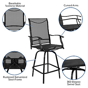 Flash Furniture Valerie Patio Bar Height Stools Set of 2, All-Weather Textilene Swivel Patio Stools with High Back & Armrests in Black